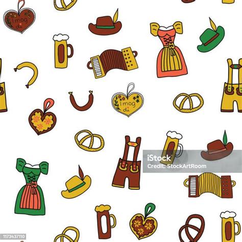 옥토버 페스트 원활한 벡터 배경 옥토버 페스트 반복 패턴입니다 전통적인 독일어 아이콘입니다 바이에른 맥주 레데르호센 디른들 진저