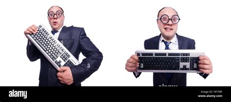Nerd Businessman With Computer Keyboard On White Stock Photo Alamy