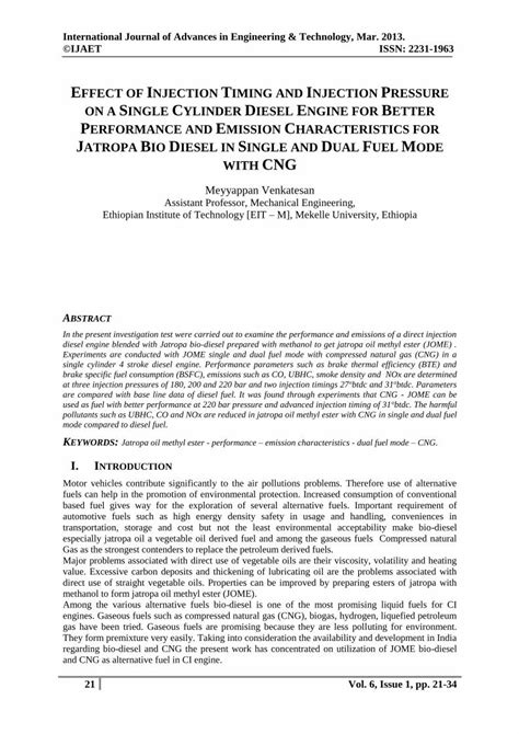 Pdf Effect Of Injection Timing And Injection Pressure On A Single Cylinder Diesel Engine For