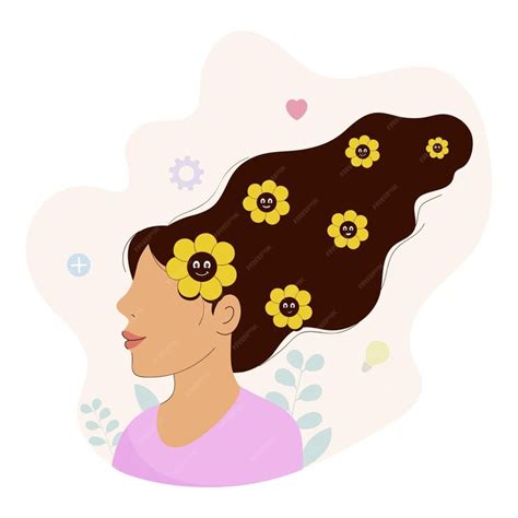 흰색과 분홍색 배경에 꽃으로 장식 된 긴 머리를 가진 어린 소녀 얼굴의 벡터 일러스트 레이 션 프리미엄 벡터