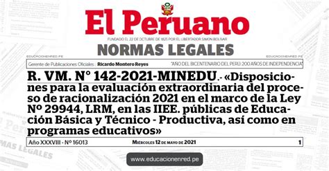 R VM N MINEDU Disposiciones para la evaluación extraordinaria del proceso de