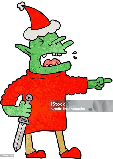 산타 모자를 쓰고 칼을 든 고블린의 손으로 그린 질감 만화 귀여운에 대한 스톡 벡터 아트 및 기타 이미지 귀여운 낙서 드로잉 도깨비 Istock