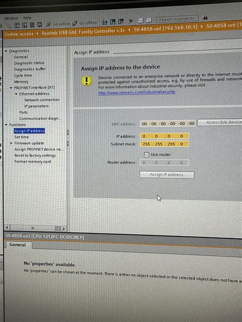 cannot assign ip address to s7 1200 in tia portal r plc