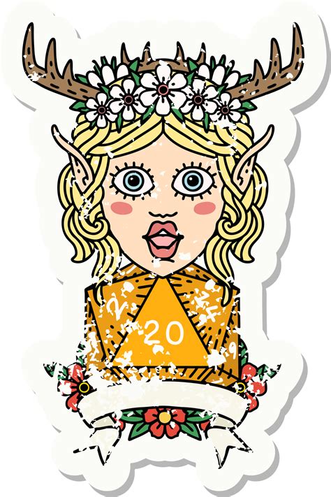 Retro Tattoo Style Elf Druid Character With Natural 20 Dice Roll