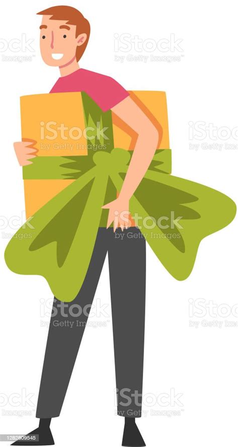 큰 선물 상자를 들고 웃는 남자 휴일 기호와 행복한 사람 생일 개념 만화 스타일 벡터 일러스트 남자에 대한 스톡 벡터 아트 및