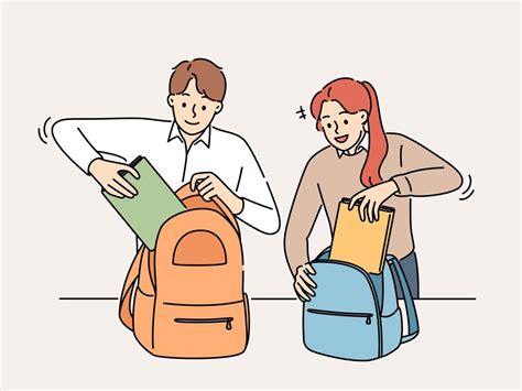 Smiling Students Pack Backpacks In School Or College Happy Pupils Put