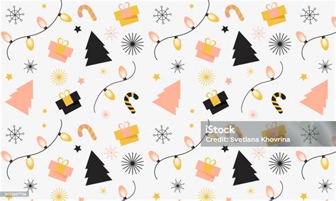 나무 눈송이 선물 상자 롤리팝 및 화환이있는 크리스마스 이음새가 없는 패턴 포장지를위한 축제 구성 0명에 대한 스톡 벡터 아트 및 기타 이미지 Istock