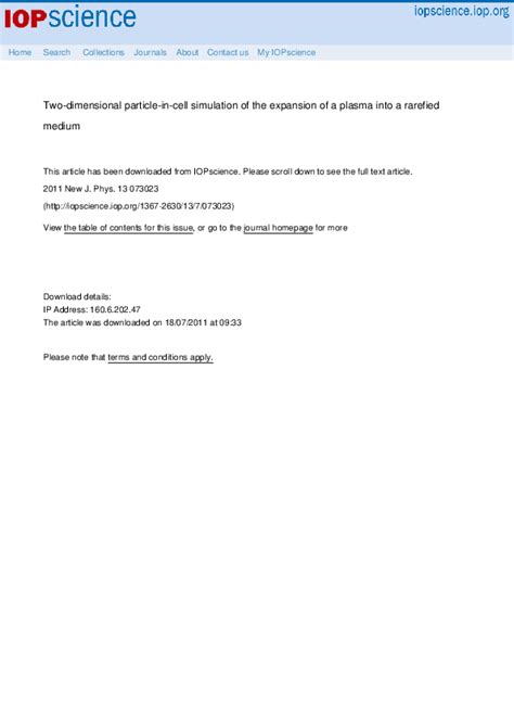 Pdf Two Dimensional Particle In Cell Simulation Of The Expansion Of A Plasma Into A Rarefied