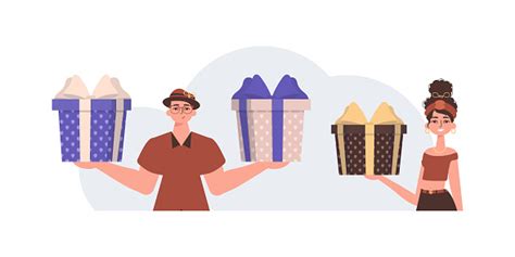 남자와 여자는 축제 선물 상자를 들고 있습니다 크리스마스 선물 개념입니다 가상현실에 대한 스톡 벡터 아트 및 기타 이미지 가상현실 고객 구도 Istock