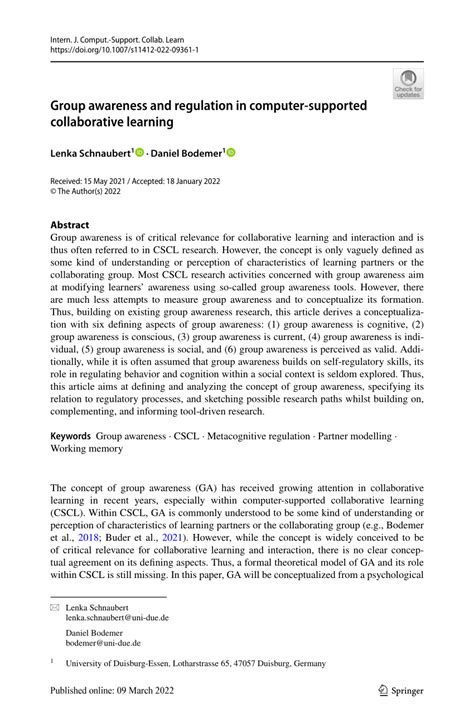 Pdf Group Awareness And Regulation In Computer Supported Collaborative Learning