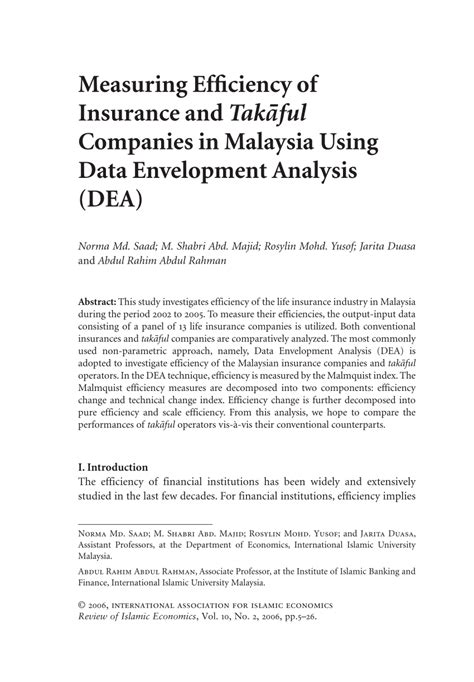 Pdf Measuring Efficiency Of Insurance And Takaful Companies In Malaysia Using Data Envelopment