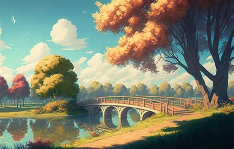 Wallpaper Grass Trees Nature Bridge Water Clouds Lake Reflection
