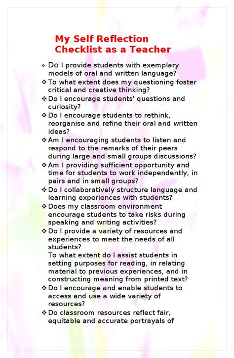 My Self Reflection Checklist As A Teacher Pdf Learning Critical