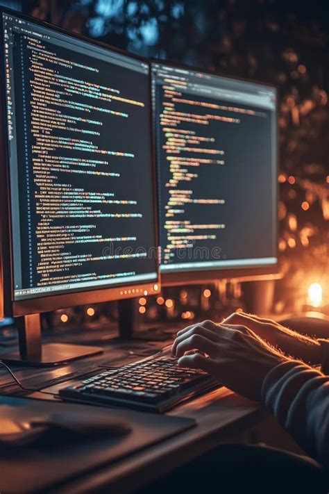A Developer Types On A Keyboard Surrounded By Two Monitors Displaying Code While Working In A