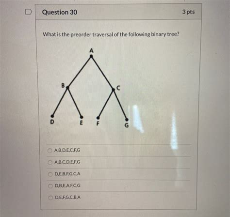 solved question 30 3 pts what is the preorder traversal of