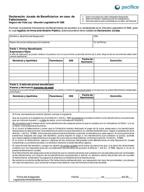 Vida Ley Declaracion Jurada De Beneficiarios Pdf