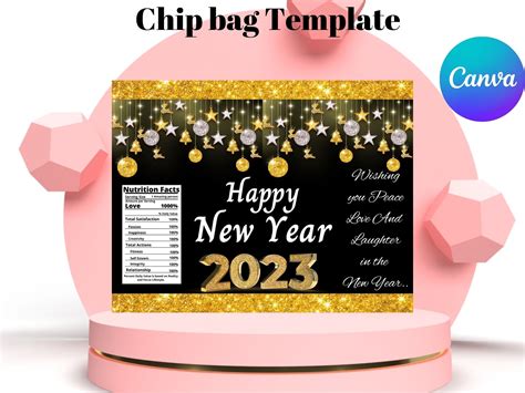 EDITABLE New Year Chip Bag Wrapper Template Black Gold Personalized