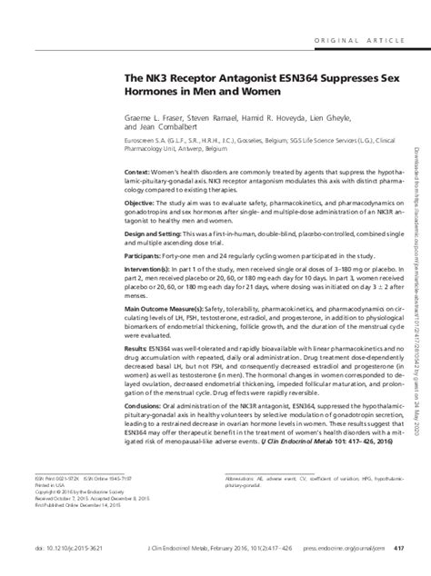 Pdf The Nk3 Receptor Antagonist Esn364 Suppresses Sex Hormones In Men