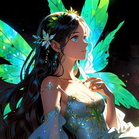 A Woman With Long Dark Hair And A Green Fairy In The Background