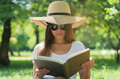 Premium Photo Lady In A Floppy Sunhat Reading A Book In The Park