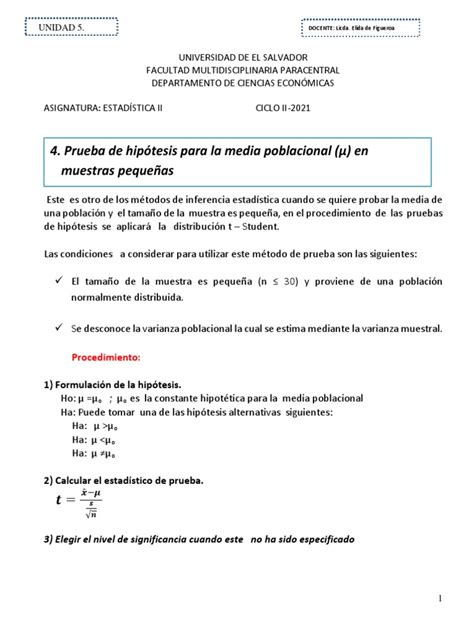 Prueba De Hipótesis Para Media Poblacional En Muestras Pequeñas