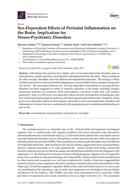 Pdf Sex Dependent Effects Of Perinatal Inflammation On The Brain