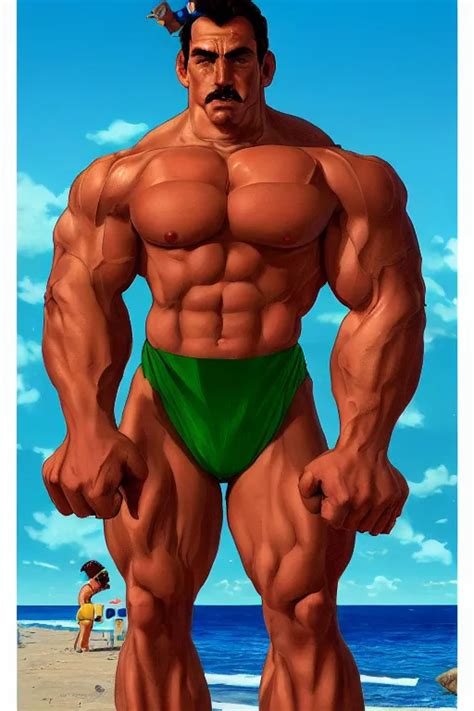 Luigi As Bodybuilder Gigachad At The Beach By Ilya Stable Diffusion