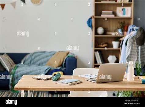 Image Of Desk With Laptop Computer And Books For Home Babeing In Teenage Room Stock Photo Alamy
