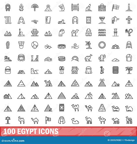 100 Egypte Pictogrammen Instellen Contourstijl Vector Illustratie