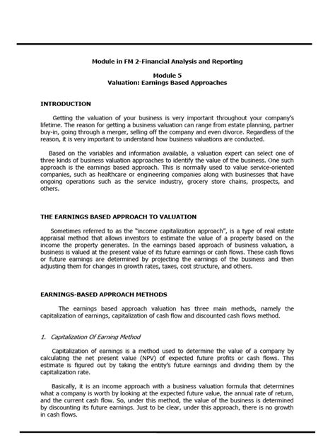 Valuation Earnings Based Approach Pdf Discounted Cash Flow Valuation Finance