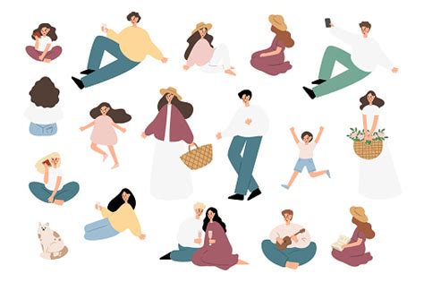 여름 피크닉 클립 아트 세트 사람들 커플 친구 공원 벡터 일러스트레이션에서 피크닉을 즐기는 가족 플랫 만화 스타일의 이미지 개별 요소 가족에 대한 스톡 벡터 아트 및 기타