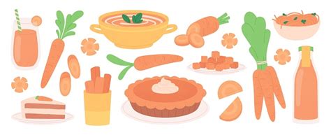 신선한 당근 음식 만화 당근은 조각 막대기 및 입방체를 자릅니다 생 비건 재료를 준비합니다 당근 파이 Smoothie 신선한 샐러드 와 수프 선정적인 벡터 클립아트 건강한