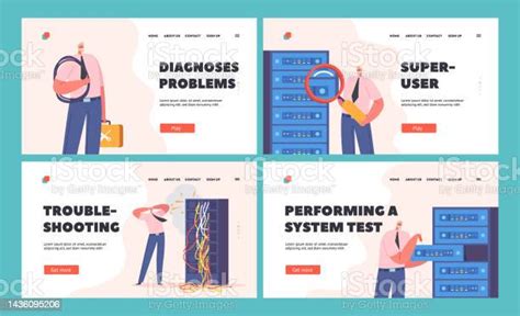 시스템 관리자 작업 방문 페이지 템플릿 집합입니다 컴퓨터에서 시스템 관리자 문자 작업 기술 루틴 수행 개념에 대한 스톡 벡터 아트 및 기타 이미지 Istock