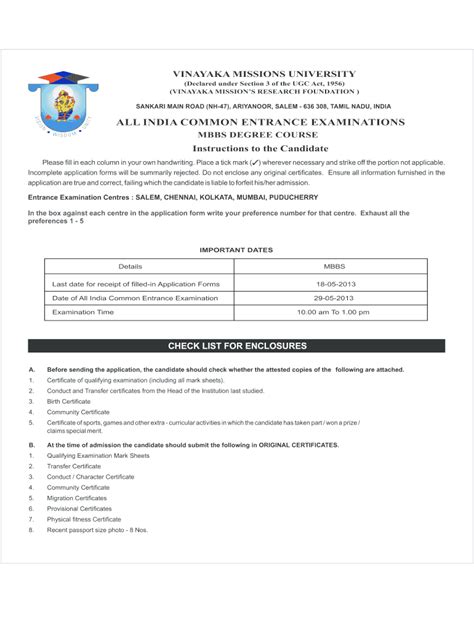 Fillable Online Vinayaka Missions University Declared Under Section 3