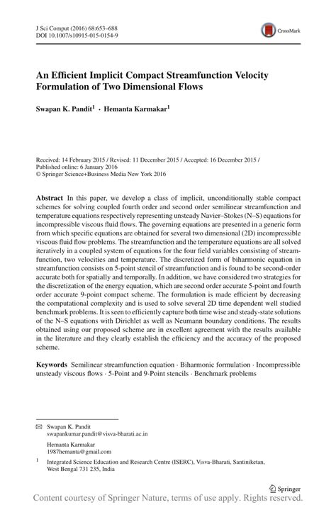 An Efficient Implicit Compact Streamfunction Velocity Formulation Of Two Dimensional Flows