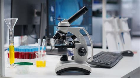 Microscope Tool Placed On Desk In Laboratory For Scientific Experiment