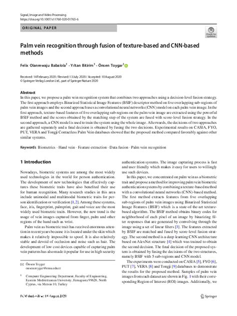 Pdf Palm Vein Recognition Through Fusion Of Texture Based And Cnn