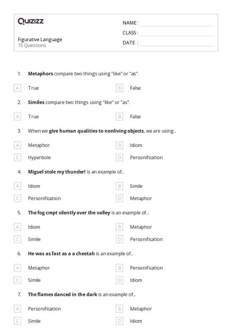 50 Figurative Language Worksheets For 4th Grade On Quizizz Free