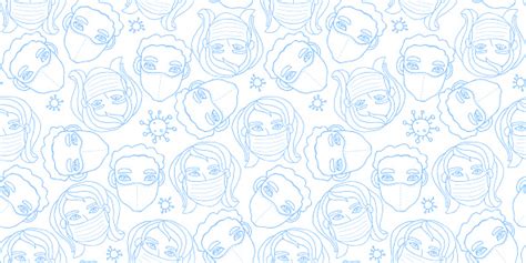 의료 보호 마스크와 미생물 바이러스 박테리아의 분자를 착용 하는 사람들의 윤곽선 벡터 원활한 패턴 감염을 방지하기 위한 조치 코로나 바이러스 전염병 손으로 그린 낙서