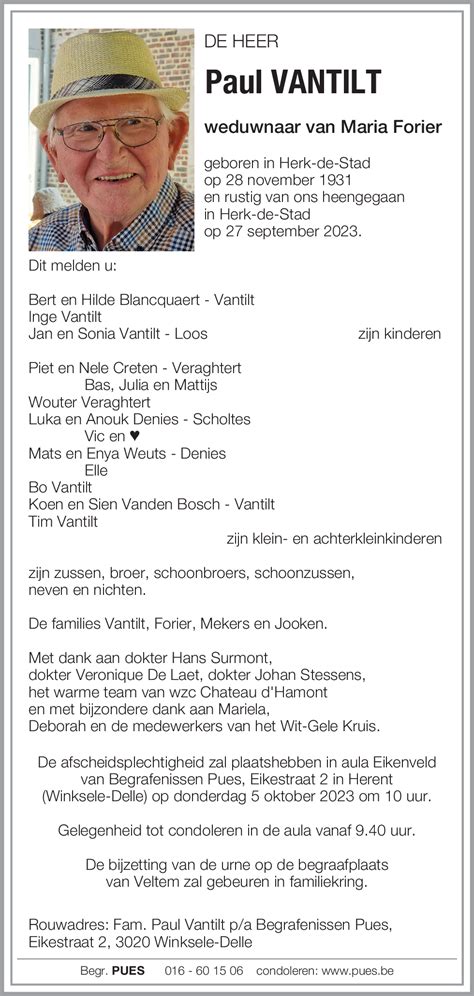 Paul Vantilt † 27 09 2023 Inmemoriam