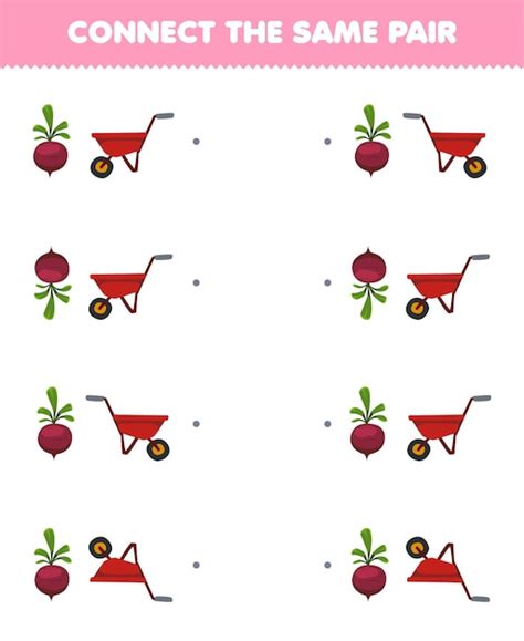 어린이를 위한 교육 게임은 귀여운 만화 비트와 손수레 쌍 인쇄 가능한 야채 워크시트의 동일한 그림을 연결합니다 프리미엄 벡터