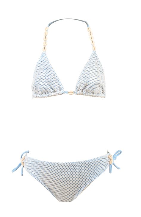 Triangle Mesh Pattern Shell Adorned Halter Two Piece Bikini Women