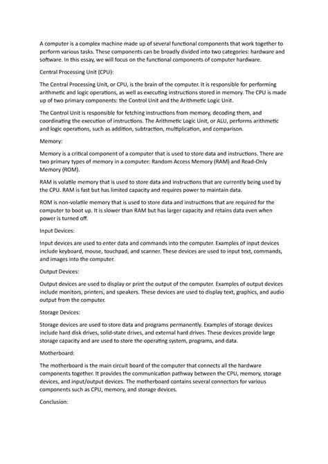 Functional Components Of A Computer A Computer Is A Complex Machine Made Up Of Several