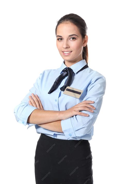 Premium Photo Female Hotel Receptionist In Uniform On White Space
