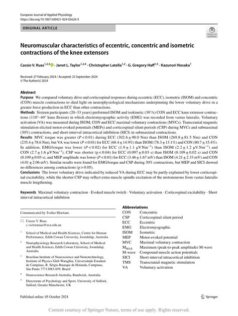 Pdf Neuromuscular Characteristics Of Eccentric Concentric And