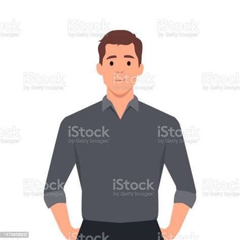 비즈니스 캐주얼 옷을 입은 친절한 청년의 그림 주머니에 손을 넣고 서 있는 멋진 젊은 남자 거래자에 대한 스톡 벡터 아트 및 기타 이미지 Istock