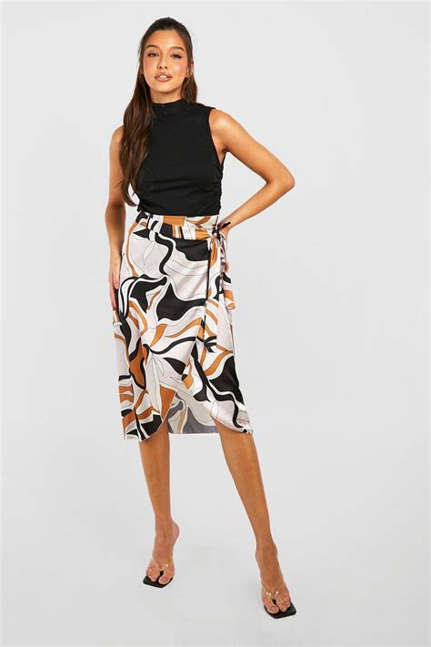 Womens Abstract Printed Satin Wrap Slip Skirt Boohoo Uk