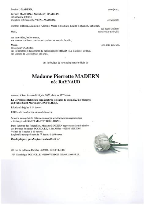Avis de décès Pierrette MADERN née RAYNAUD