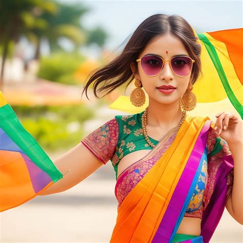 Premium Ai Image Cute Women In Colorful Saree Enjoying Outdoors