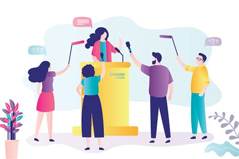 정치인이 기자들의 질문에 답한다 마이크와 트리뷴에서 사업가 비즈니스 프리젠 테이션 또는 컨퍼런스 컨퍼런스 이벤트에 대한 스톡 벡터 아트 및 기타 이미지 Istock